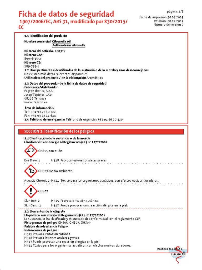Ficha de Seguridad Citronela | PDF | Toxicidad | Agua