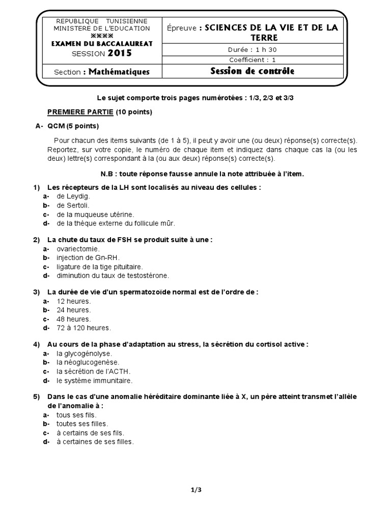 QCM et QROC en SVT pour le Bac 2015 | PDF | Membrane cellulaire | Synapse
