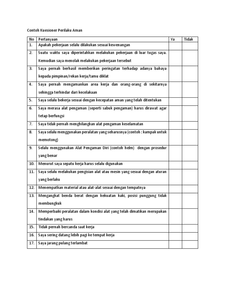 Contoh Kuesioner Perilaku Aman K3 | PDF