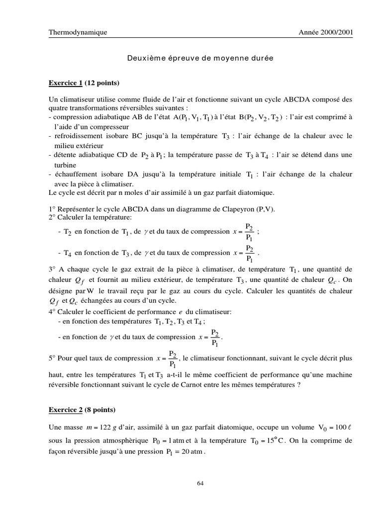 Cycle de Climatiseur : Analyse Thermodynamique | PDF | Transfert ...