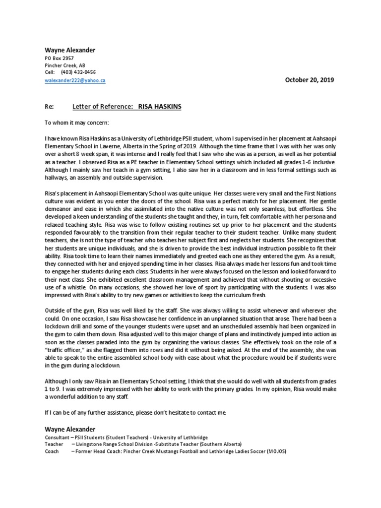 Reference Letter For Risa Haskins | PDF | Classroom | Teachers