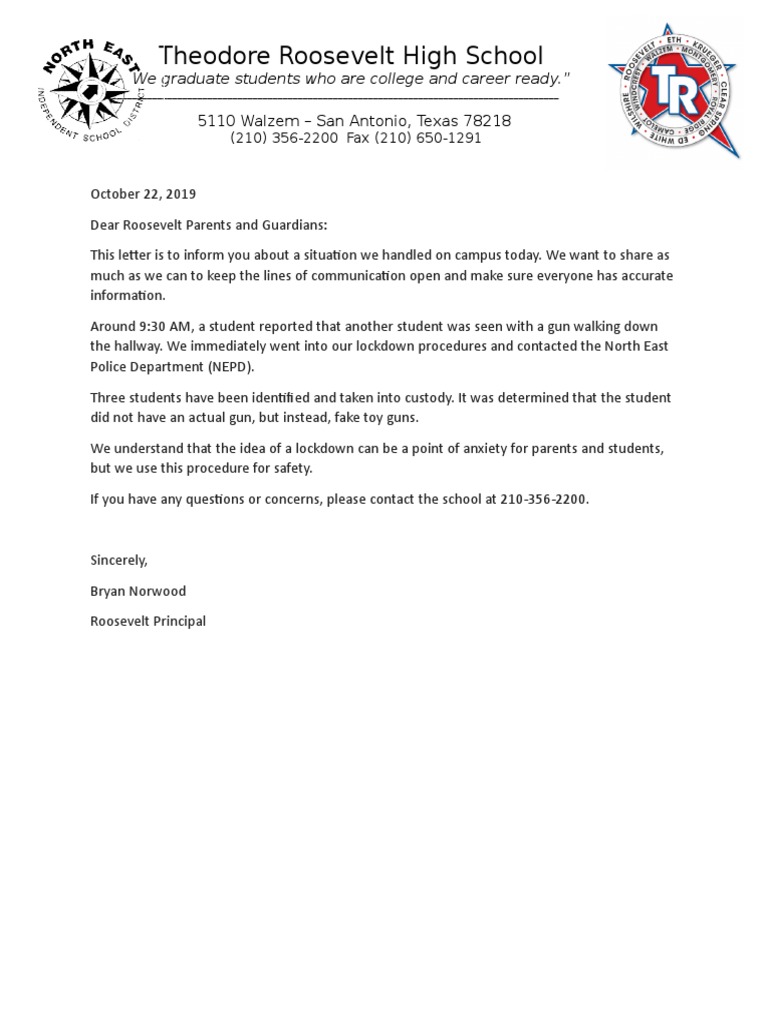 Fake Guns On Campus Roosevelt High School Letter Sent To Parents | PDF