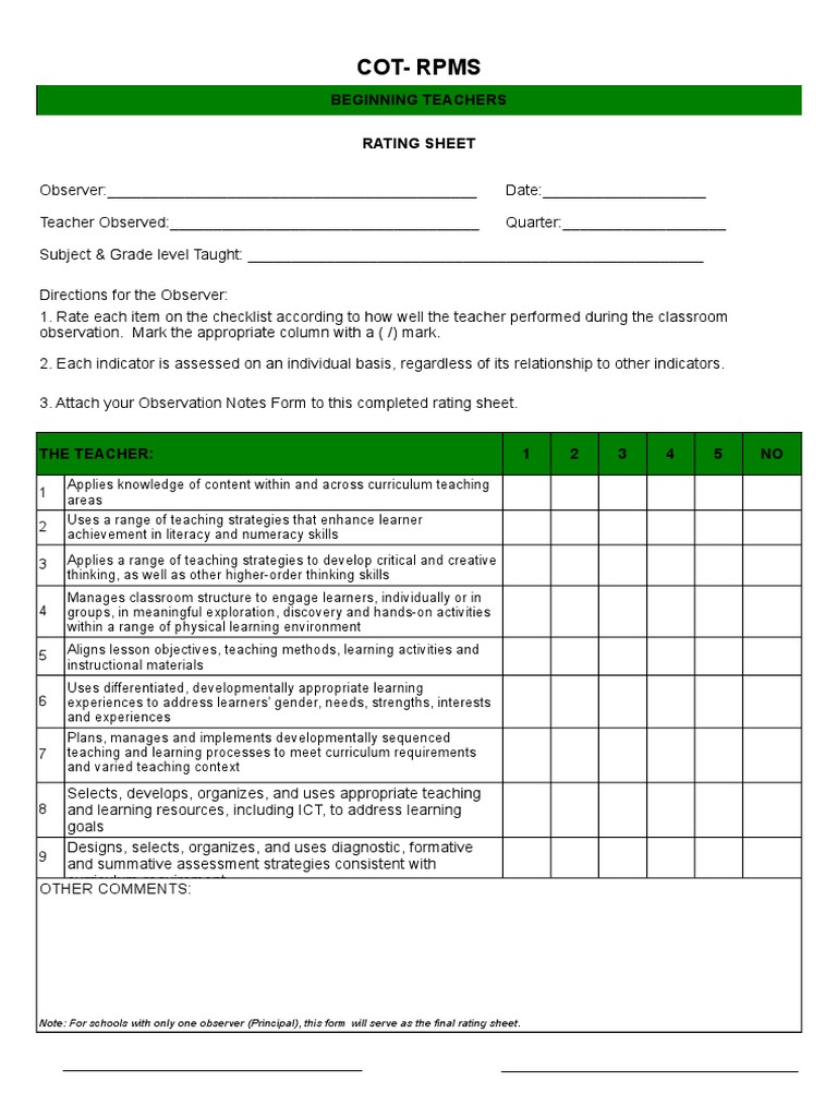 COT Rating Sheets for Teachers | PDF | Learning | Teaching Method