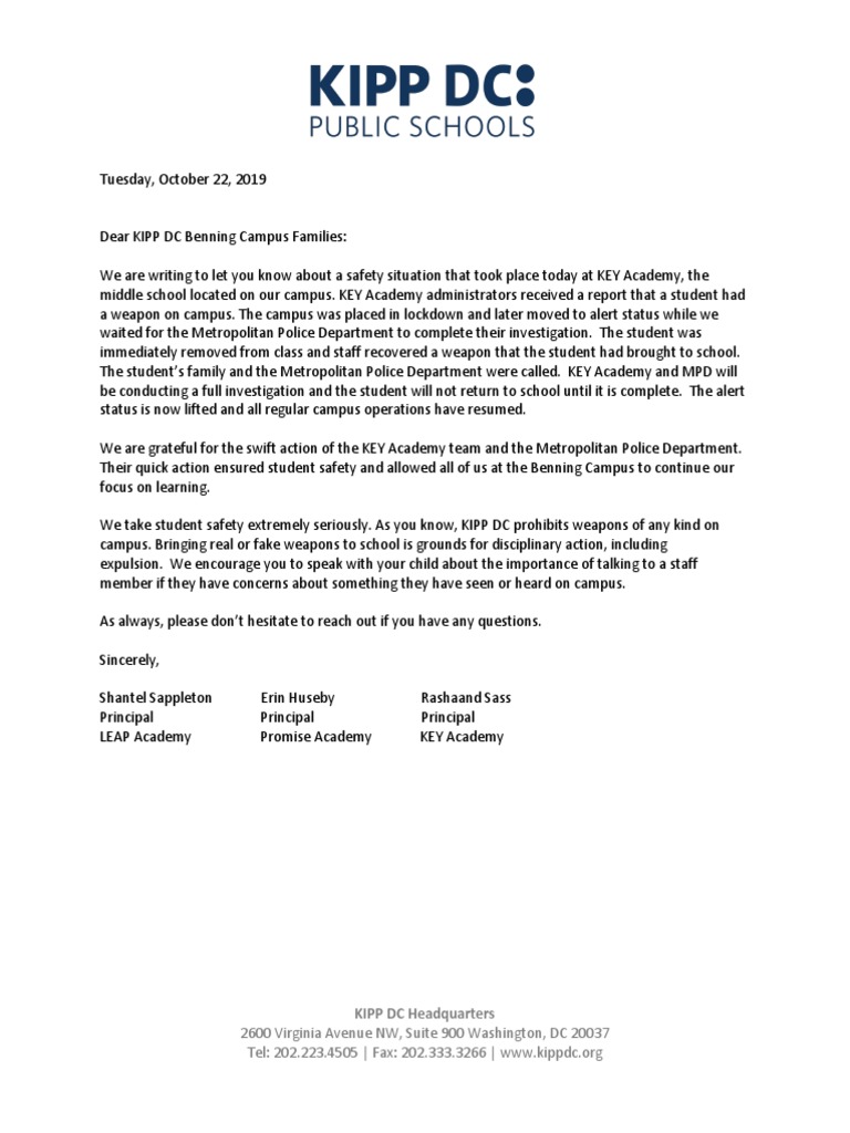 KIPP DC Benning Campus Letter to Parents