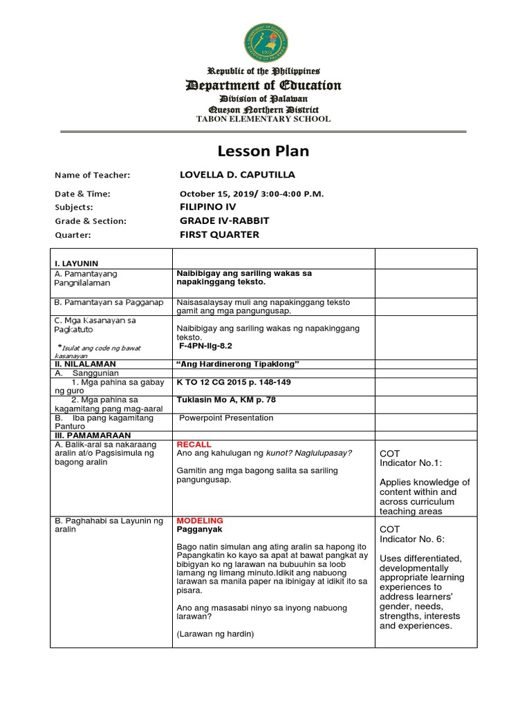 2nd COT Lesson Plan 2019 | PDF
