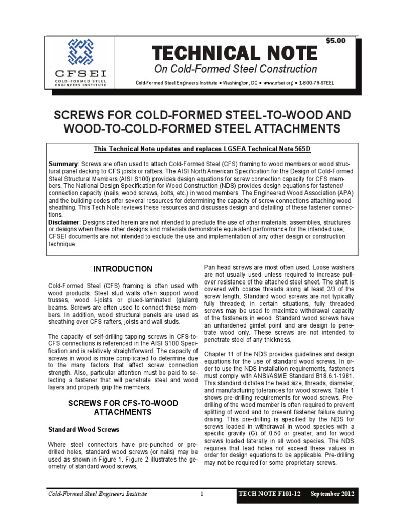 Technical Note: Screws For Cold-Formed Steel-To-Wood and Wood-To-Cold ...