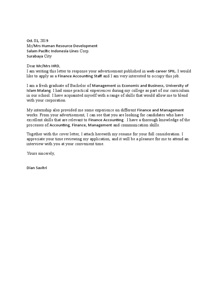 Application Letter Fresh Graduate | PDF