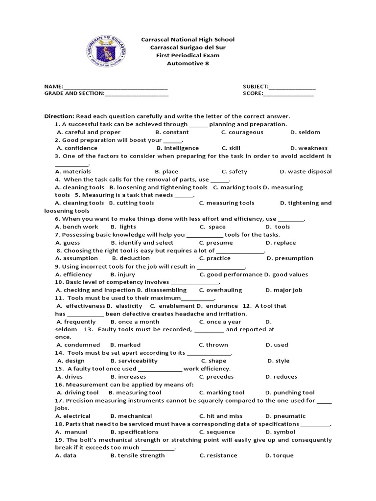 Automotive 8 Exam | PDF | Tools | Nature