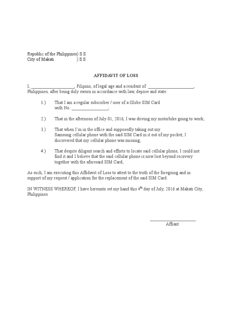 Affidavit of Loss Cellphone With SIM Card | PDF