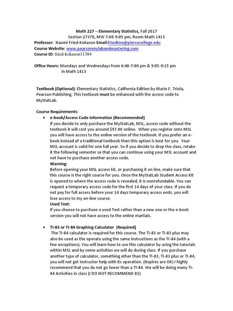 Math 227: Elementary Statistics Overview | PDF | Academic Dishonesty | Homework