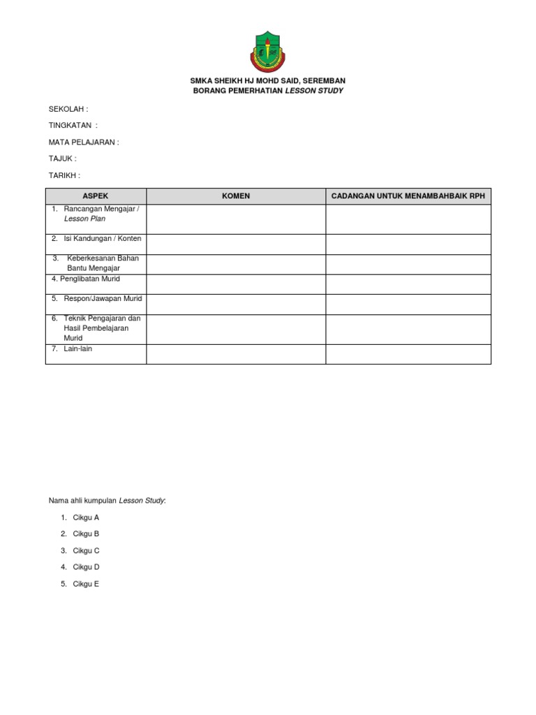 PLC Borang Pemerhatian Lesson Study | PDF