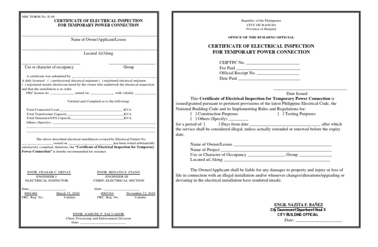 Certificate of Electrical Inspection For Temporary Power Connection ...