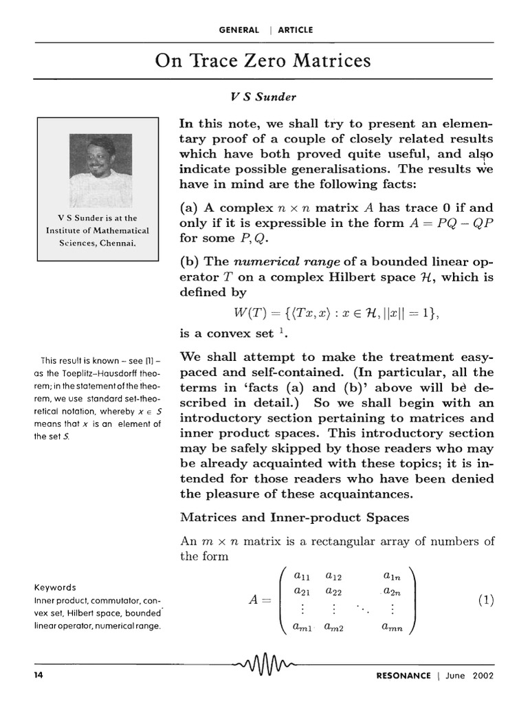 On Trace Zero Matrices: - 4 - R-ES-O-N-A-N-C-E - I-J-u-n-e-2-0-0-2 ...