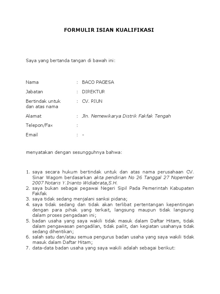 Formulir Isian Kualifikasi Pdf