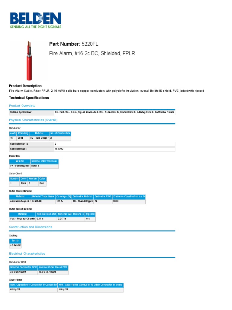 Part Number: 5220FL: Fire Alarm, #16-2c BC, Shielded, FPLR | PDF | Electrical Conductor ...