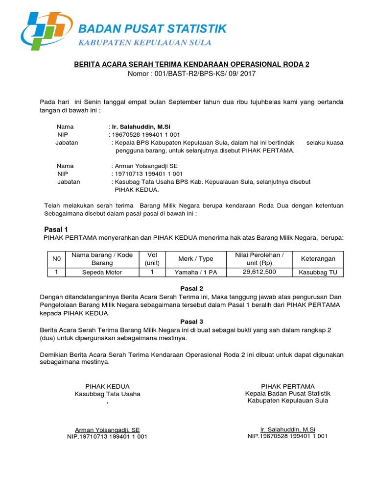 Serah Terima Kendaraan BPS | PDF
