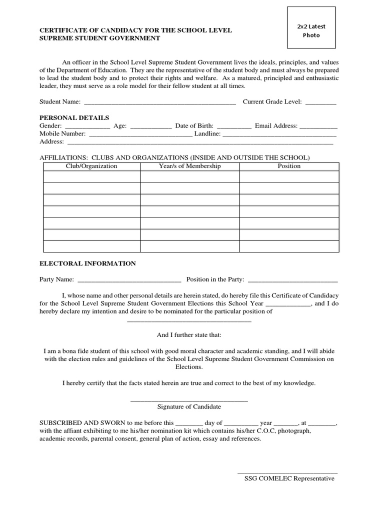 Certificate of Candidacy For The Supreme Student Government | PDF ...