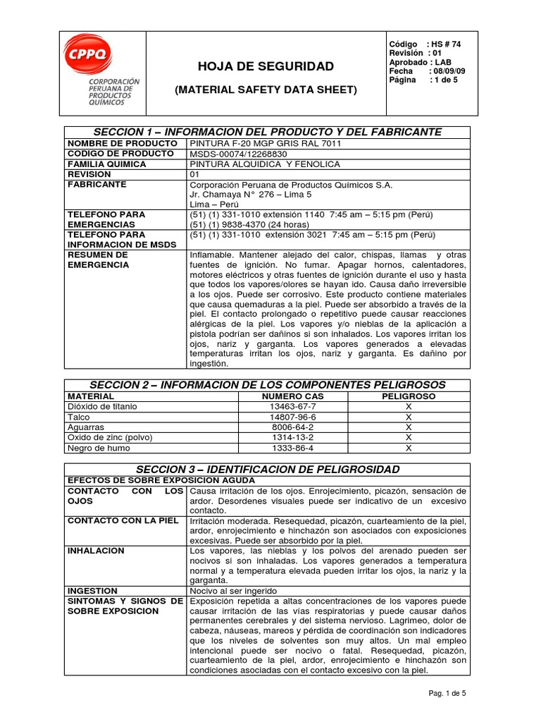 Msds Hs-74 Pintura F - 20 MGP Gris Ral 7011 | PDF | Dióxido de carbono ...