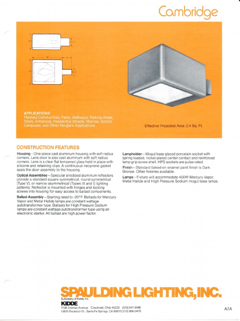 Spaulding Lighting Cambridge Spec Sheet 4-86 | PDF | Equipment ...