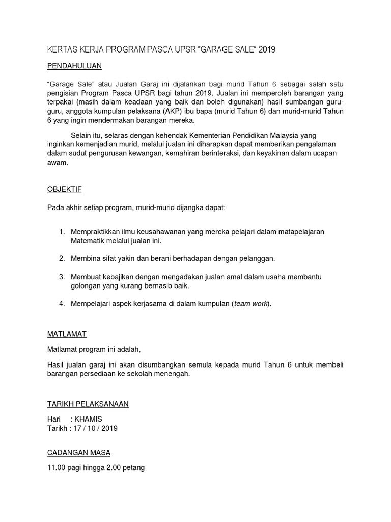 Kertas Kerja Program Pasca Upsr | PDF