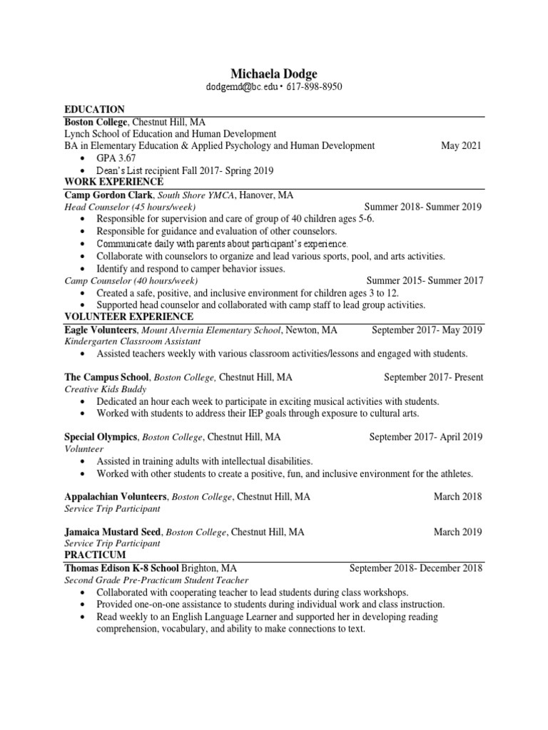 Michaela Dodge - Resume Fall 2019 | PDF | Individualized Education ...