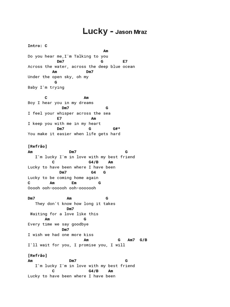 Acordes De Guitarra De Lucky De Jason Mraz Lyric And Chord Guitar