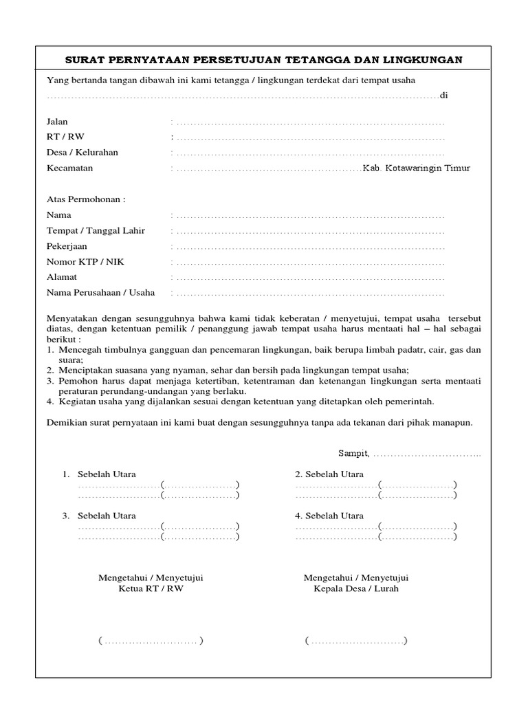 Surat Pernyataan Persetujuan Tetangga Dan Lingkungan | PDF