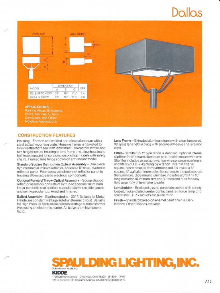 Spaulding Lighting Dallas Spec Sheet 4-86 | PDF | Lighting ...