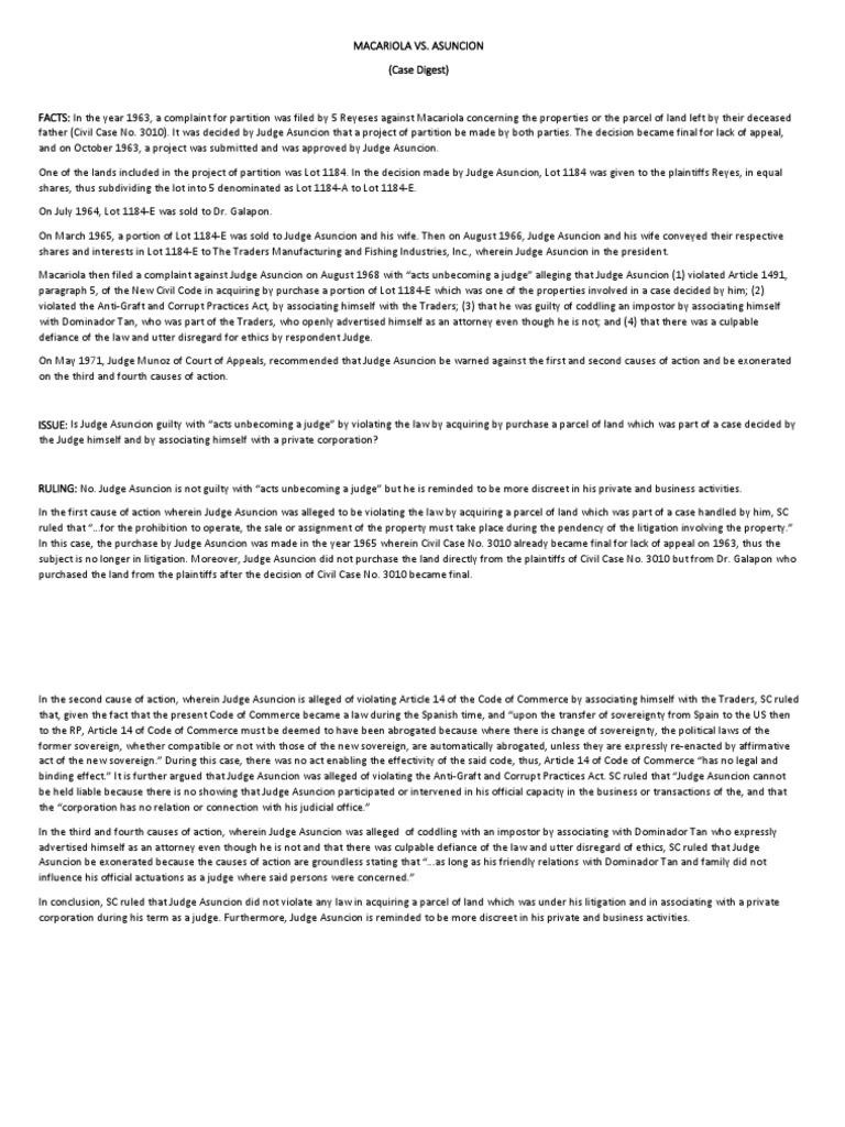 Macariola v. Asuncion (Case Digest) | PDF | Lawsuit | Complaint
