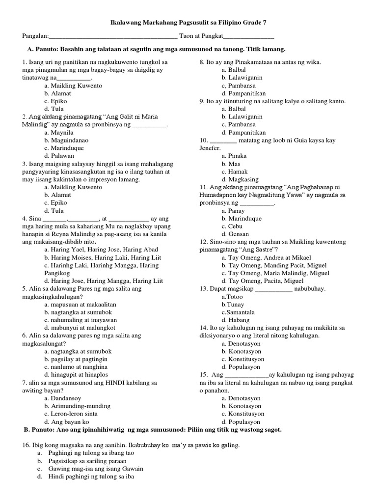 2nd Grading Filipino 7 Exam | PDF