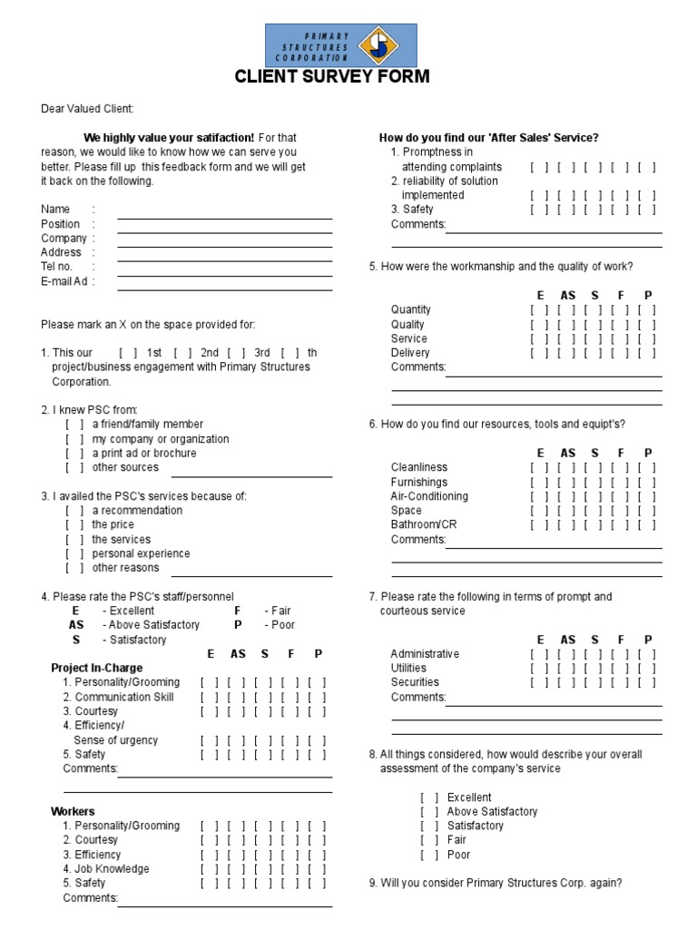 Client Survey Form: How Do You Find Our 'After Sales' Service? We ...