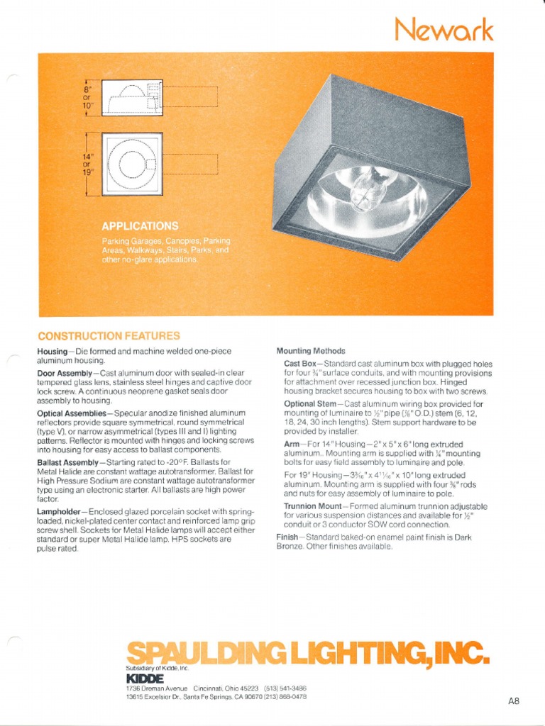Spaulding Lighting Newark Spec Sheet 4-86 | PDF | Light | Architectural ...