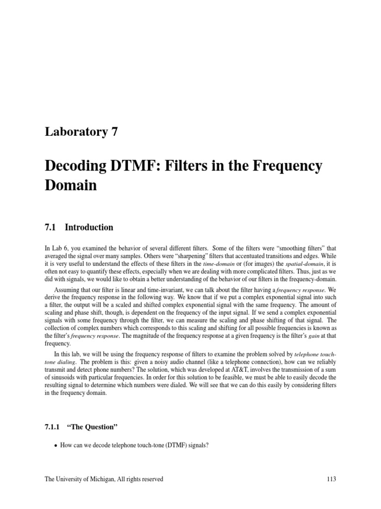 Decoding DTMF: Filters in The Frequency Domain: Laboratory 7 | PDF ...