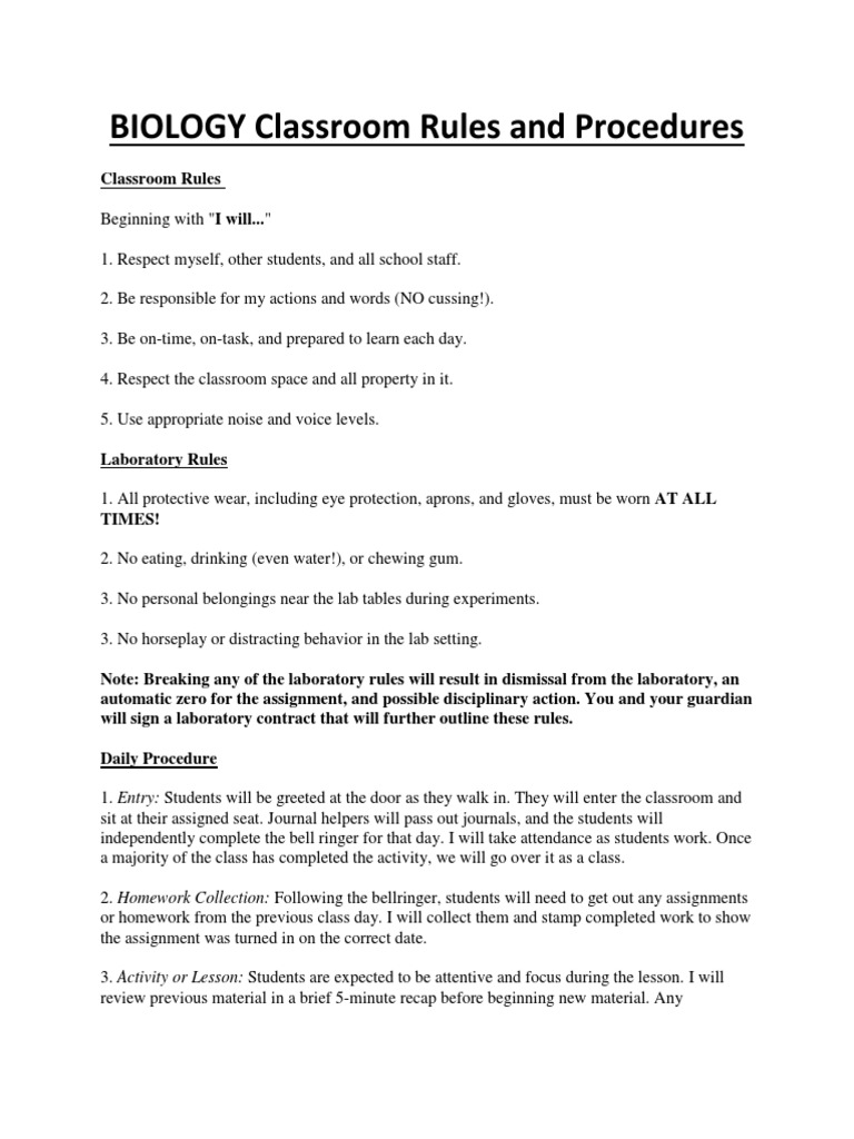 BIOLOGY Classroom Rules and Procedures | PDF | Homework | Behavior ...