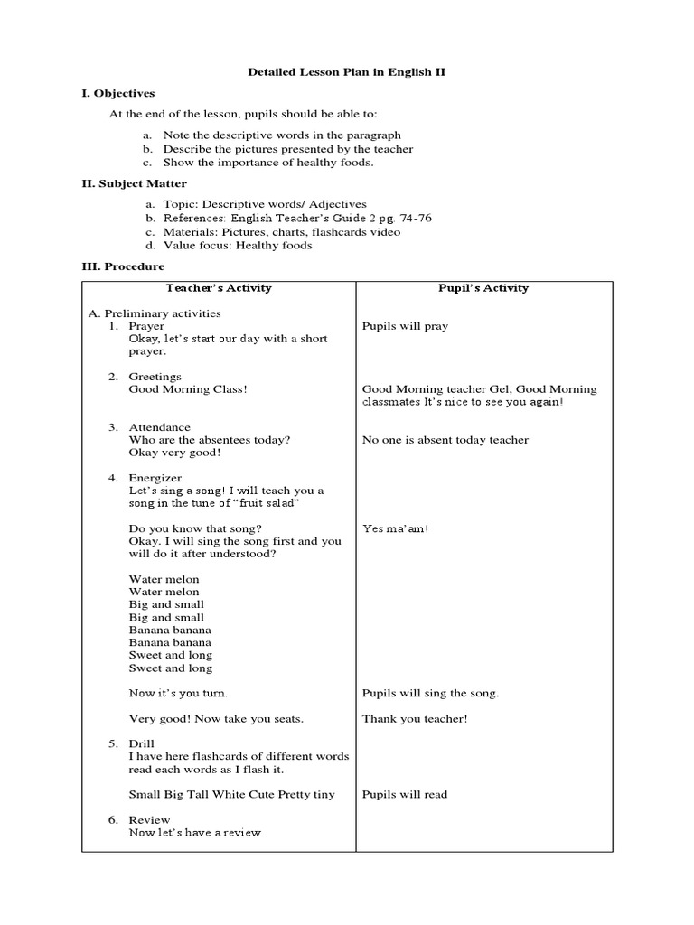 Detailed Lesson Plan in English II I. Objectives at The End of The ...