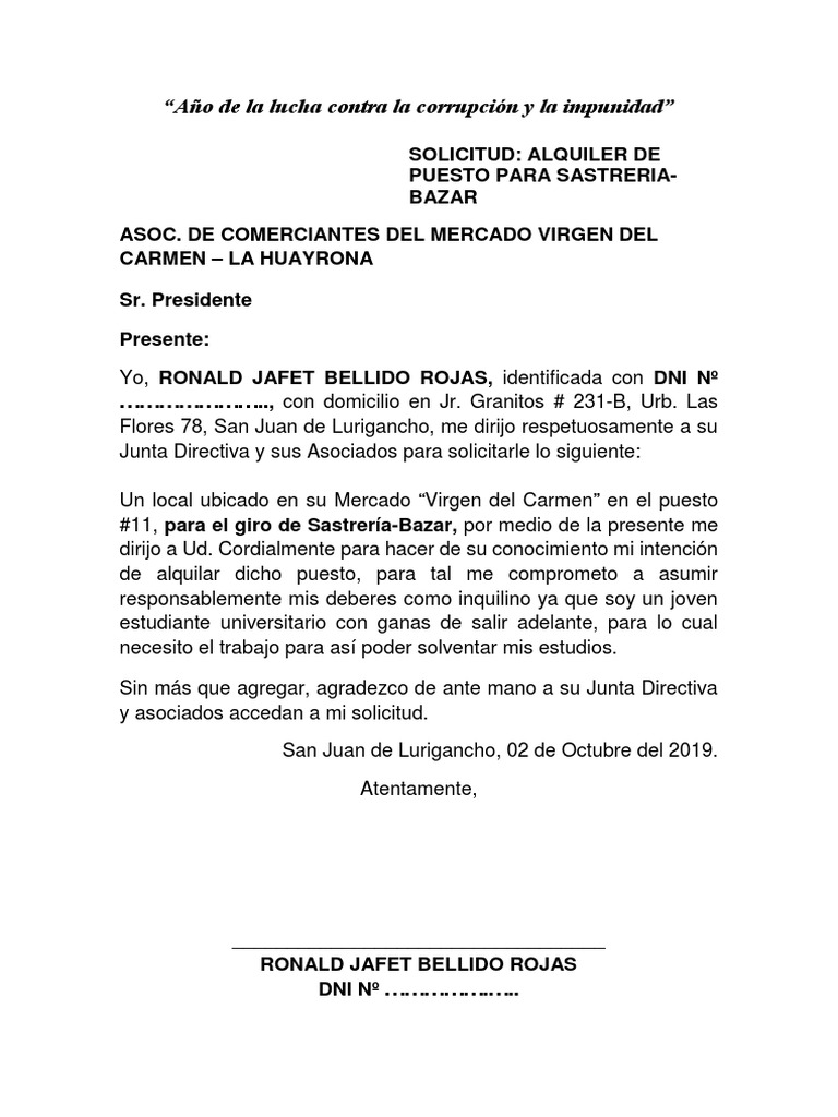 Solicitud de Alquiler de Puesto en Mercado | PDF
