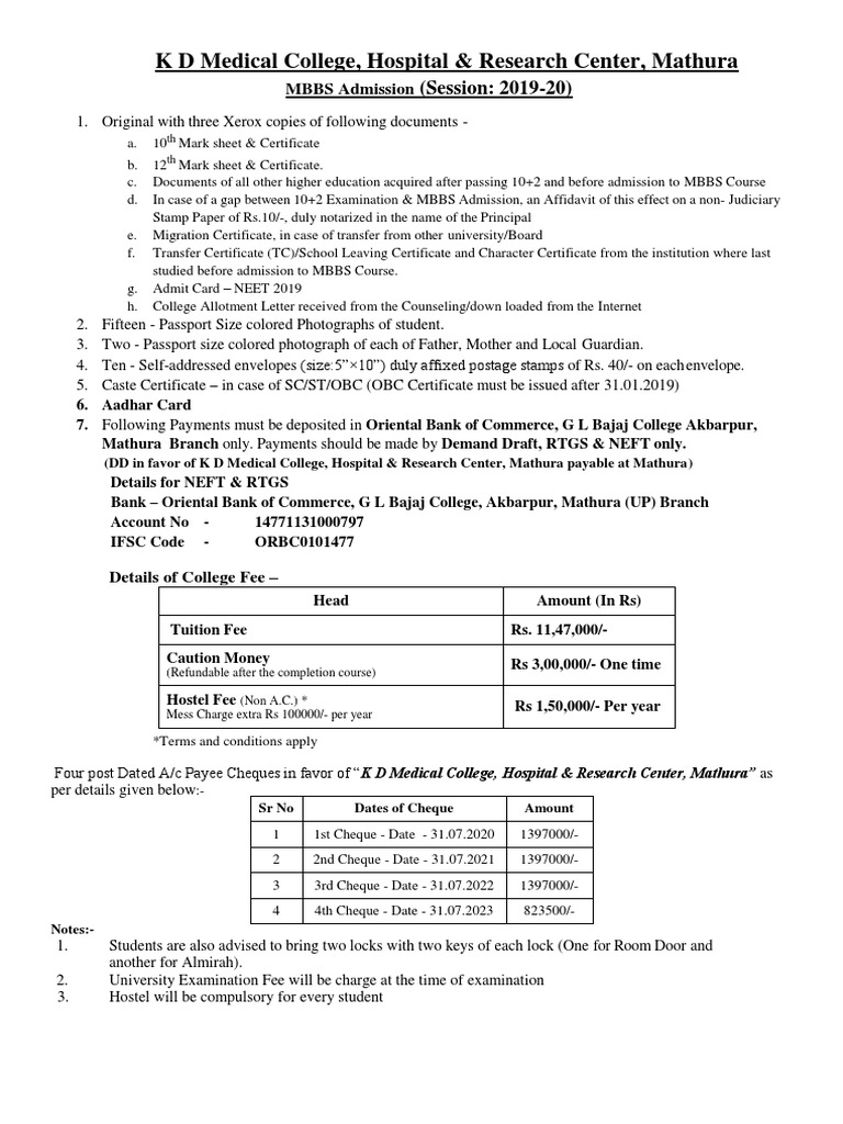 Mbbs Fee Structure | PDF | Cheque | Banking