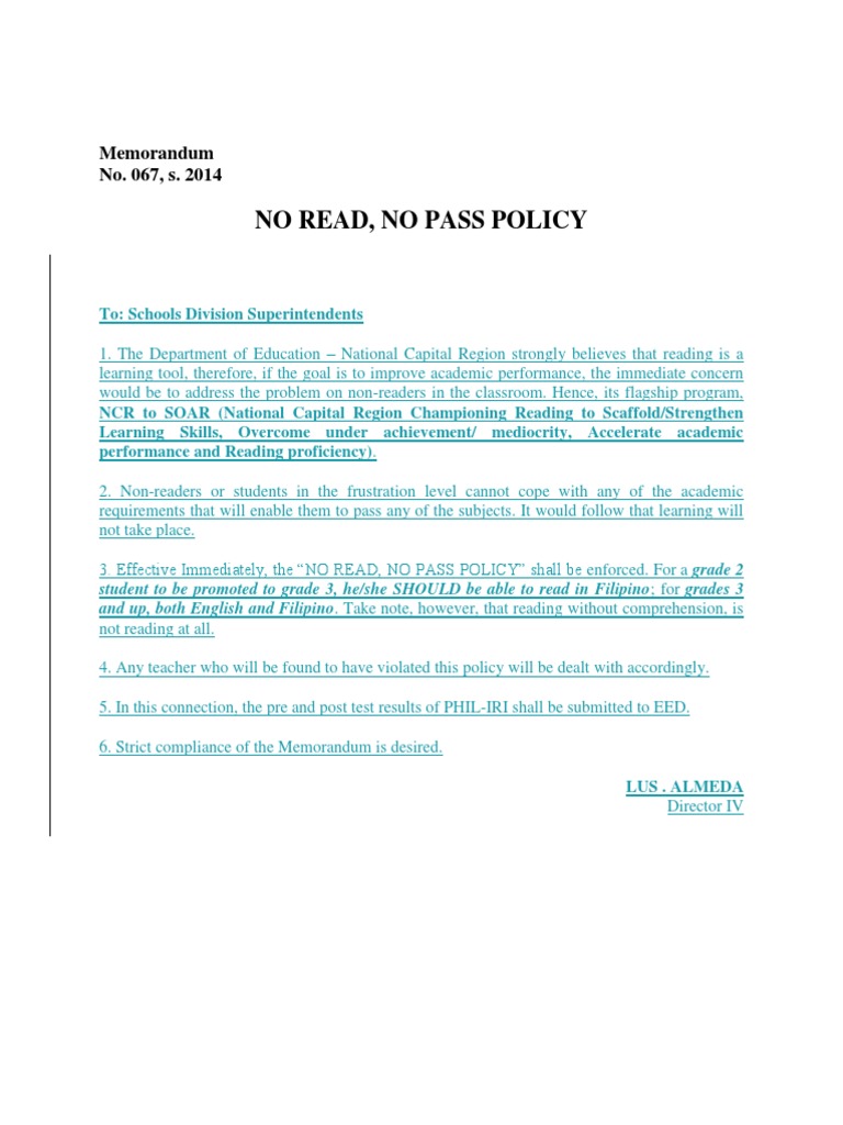 No Read, No Pass Policy Memorandum | PDF