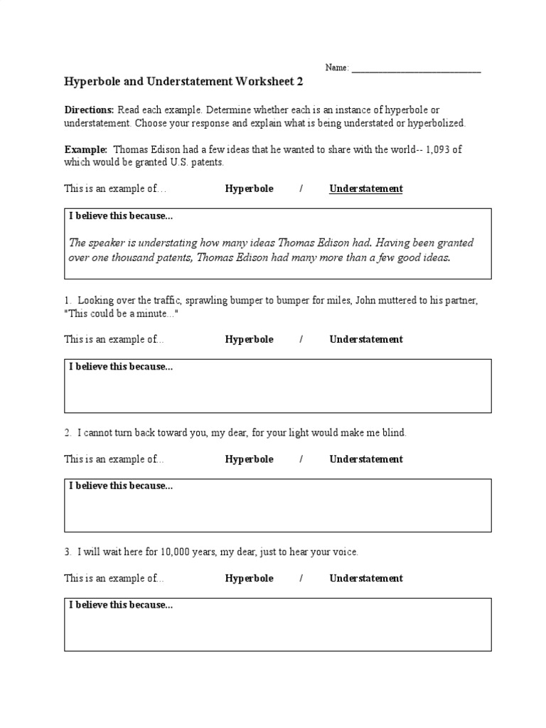 Hyperbole and Understatement Worksheet 2: Directions | PDF