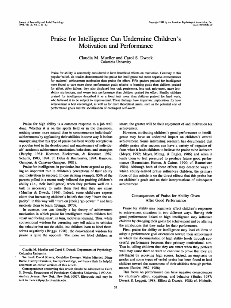 Praise For Intelligence Can Undermine Children's Motivation and ...