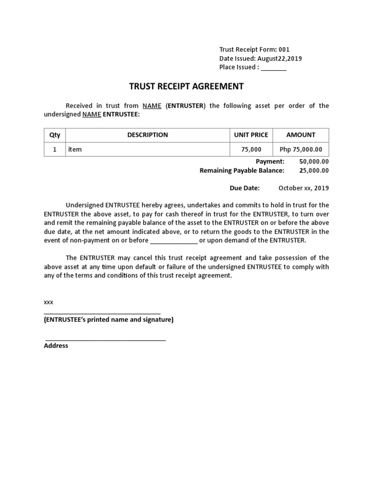 Trust Receipt Agreement Form | PDF