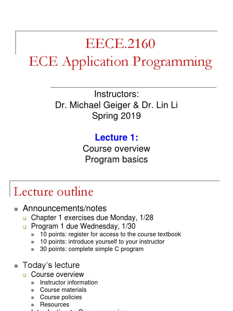 Eece.2160sp19 Lec1 Intro | PDF | C (Programming Language) | Computer Programming