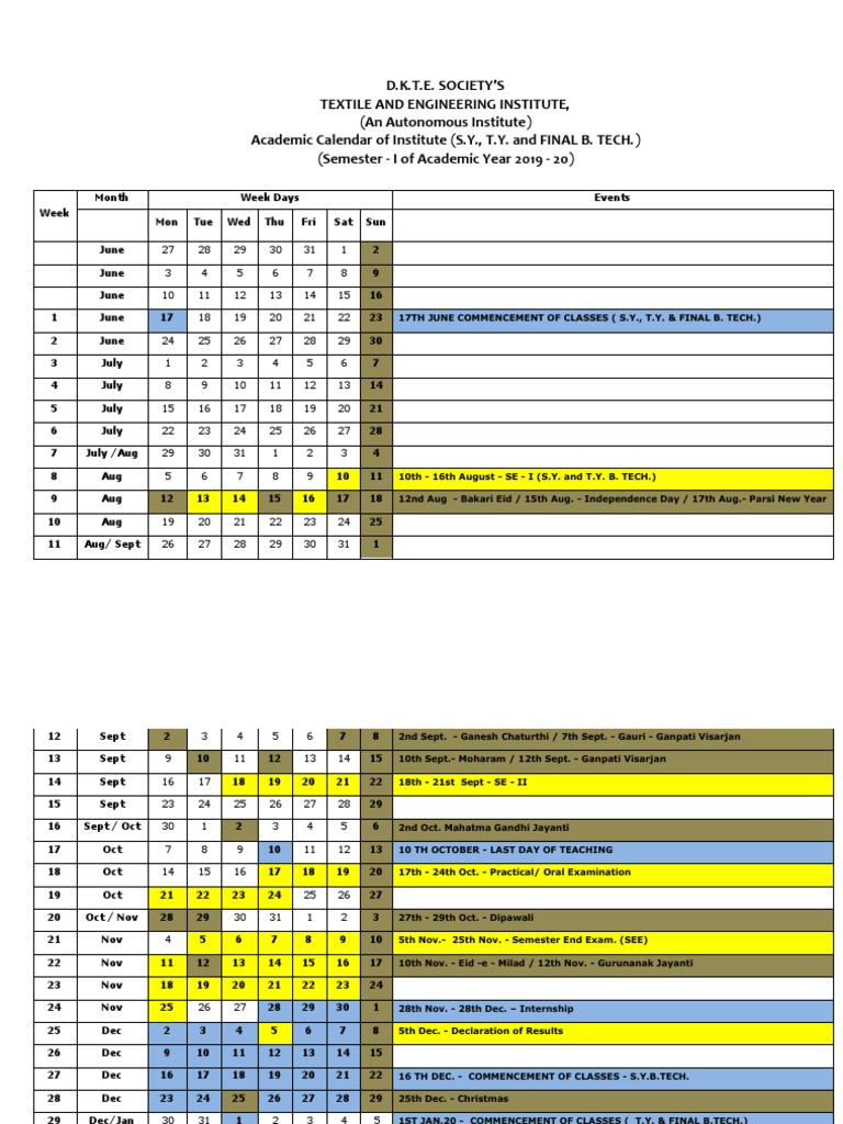 D.K.T.E. Institute 2019-20 Academic Calendar | PDF