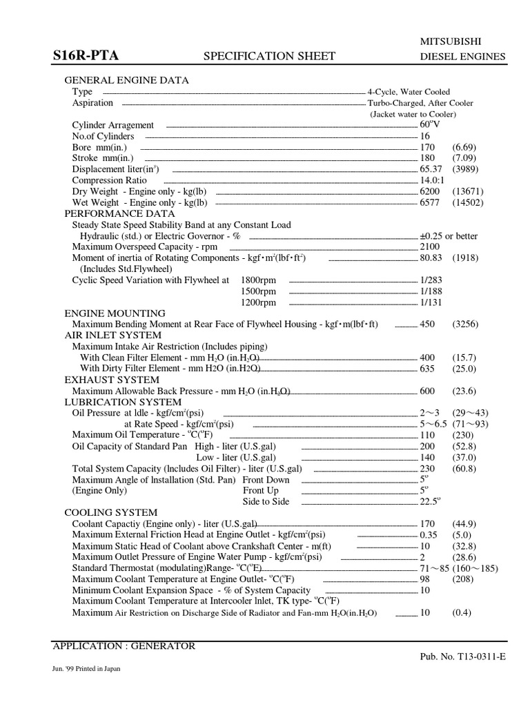 S16R-PTA: Specification Sheet | PDF | Engines | Diesel Engine