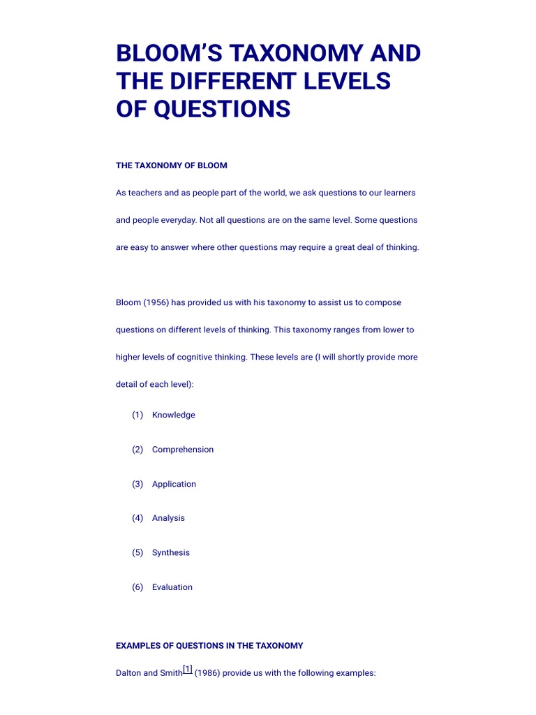Bloom'S Taxonomy and The Different Levels of Questions | PDF ...