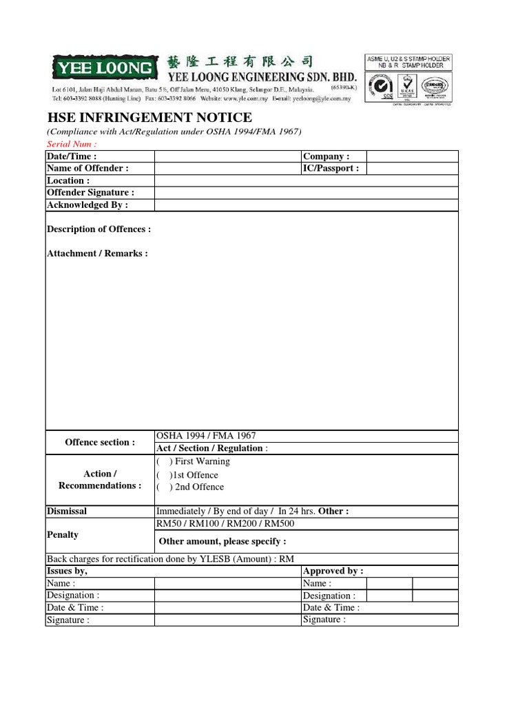 HSE Infringement Notice Form | PDF