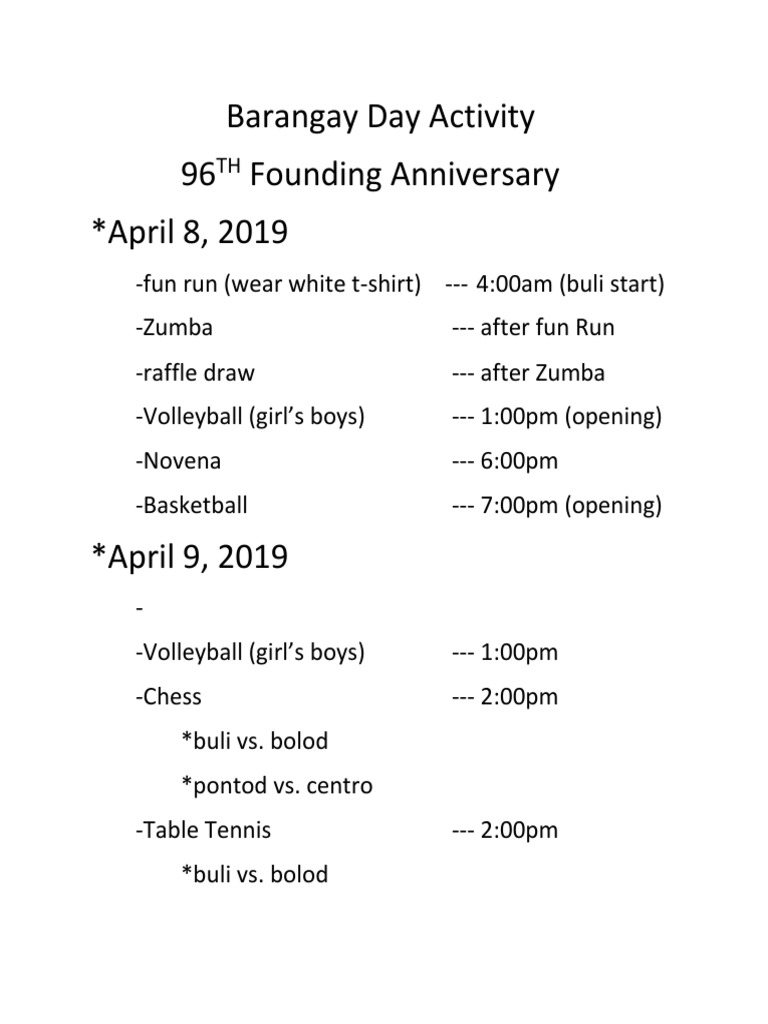 Barangay Day Activity 96 Founding Anniversary April 8, 2019 | PDF ...