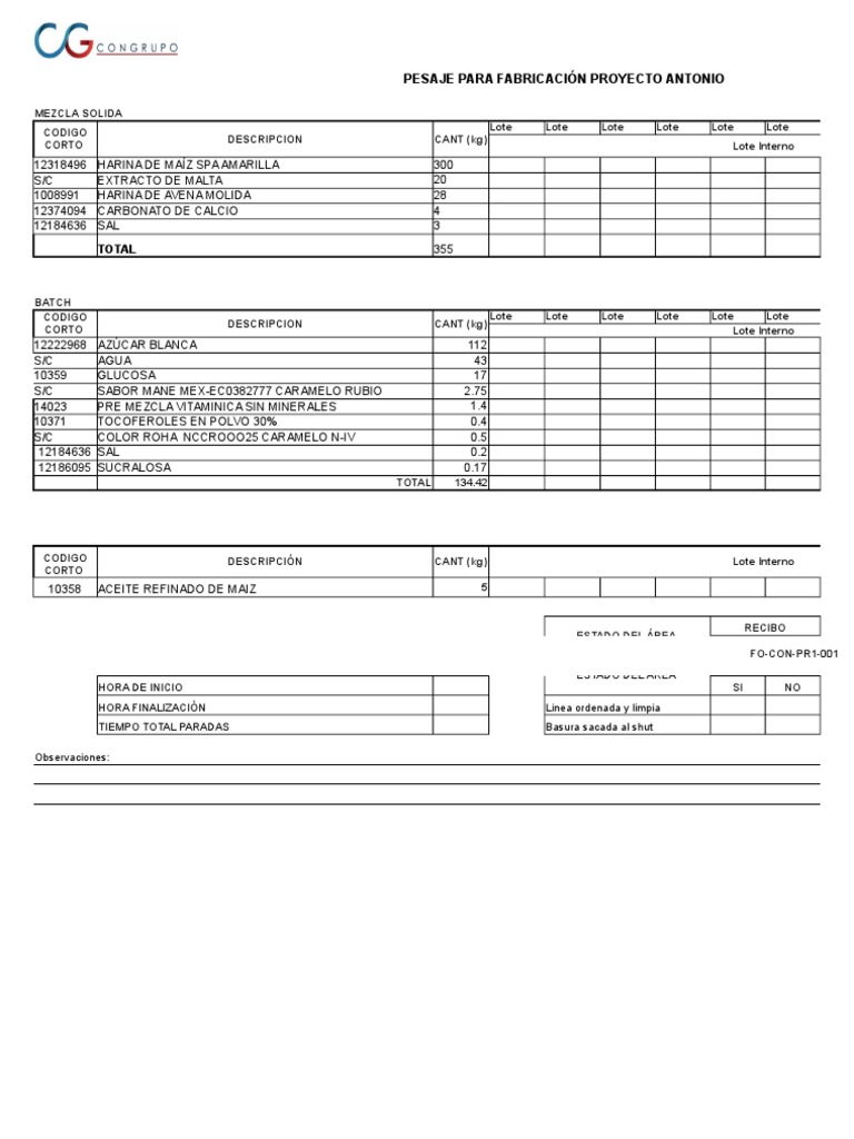 Formato Pesaje para Fabricacion Antonio | Descargar gratis PDF ...