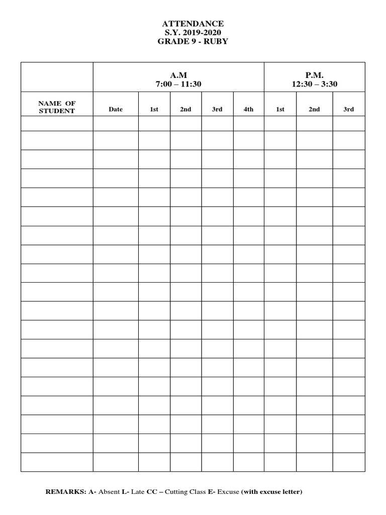 Attendance S.Y. 2019-2020 Grade 9 - Ruby: Name of Student | PDF