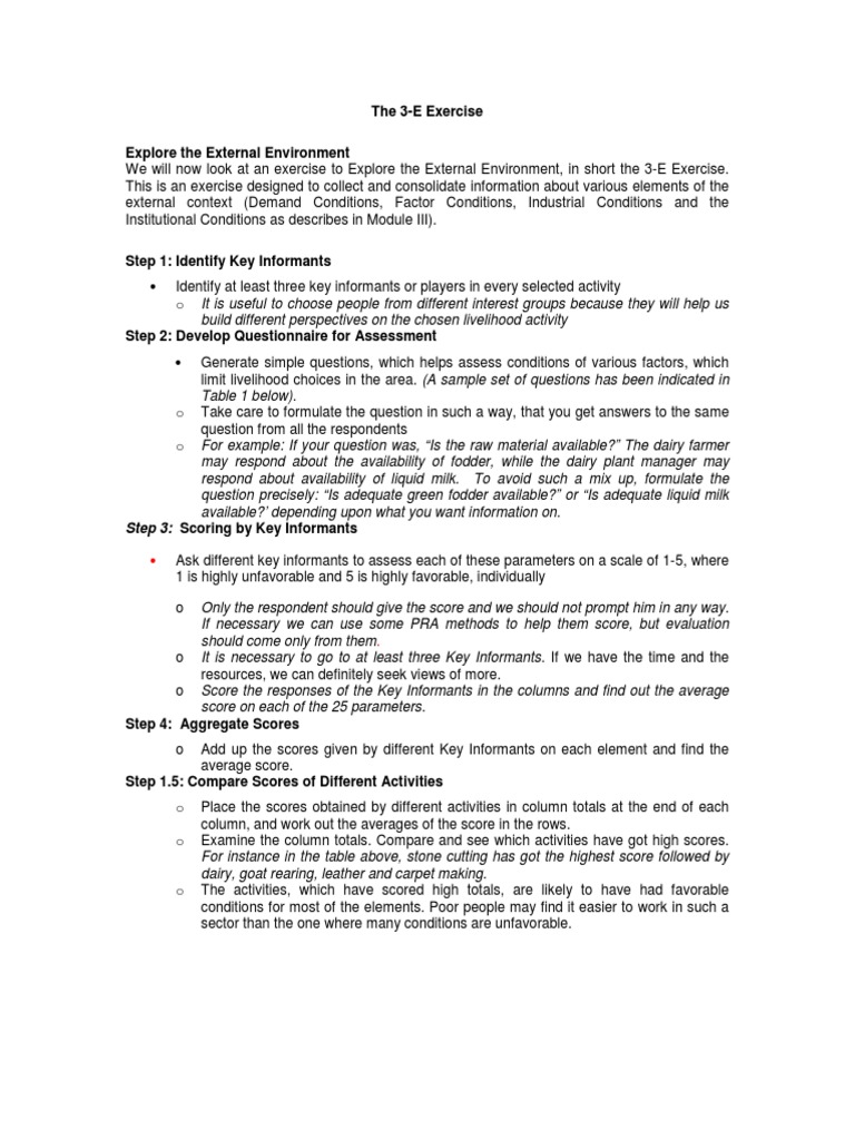 The 3 E Exercise Step 3 Scoring By Key Informants Pdf Resource